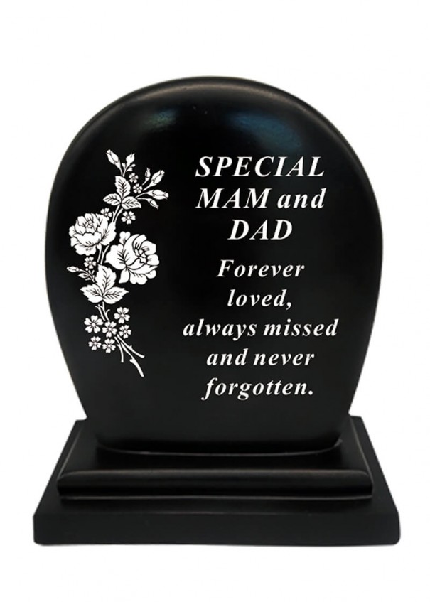 Rounded black graveside plaque with flower detail